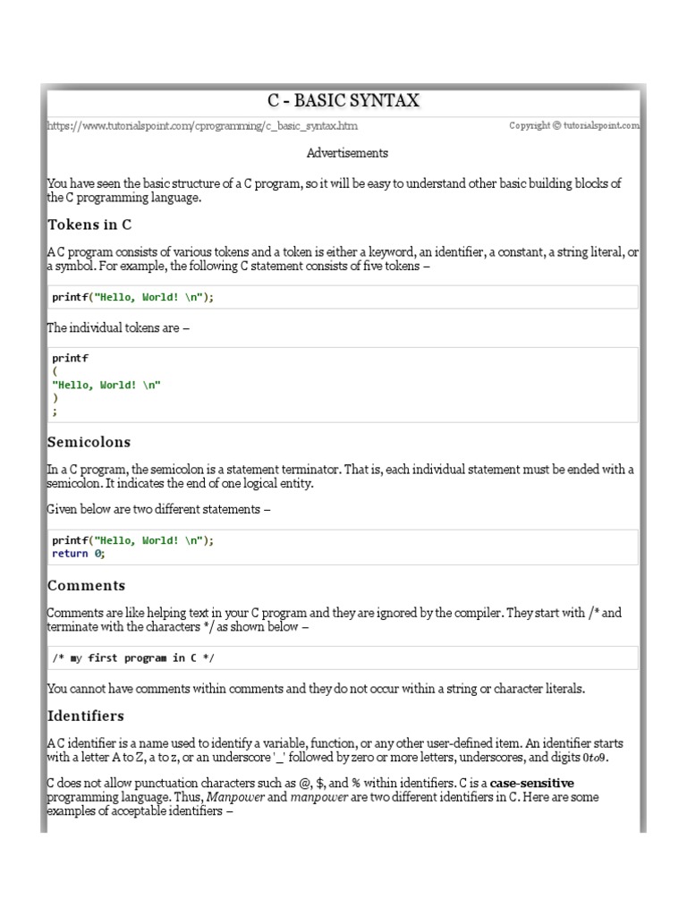 C Basic Syntax C Basic Syntax Pdf Computer Programming Software Engineering 3349