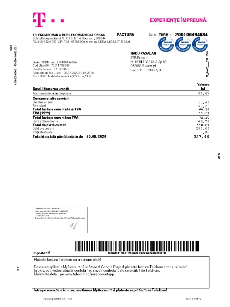Factura: Telekom Romania Mobile Communications Sa | PDF | Service ...