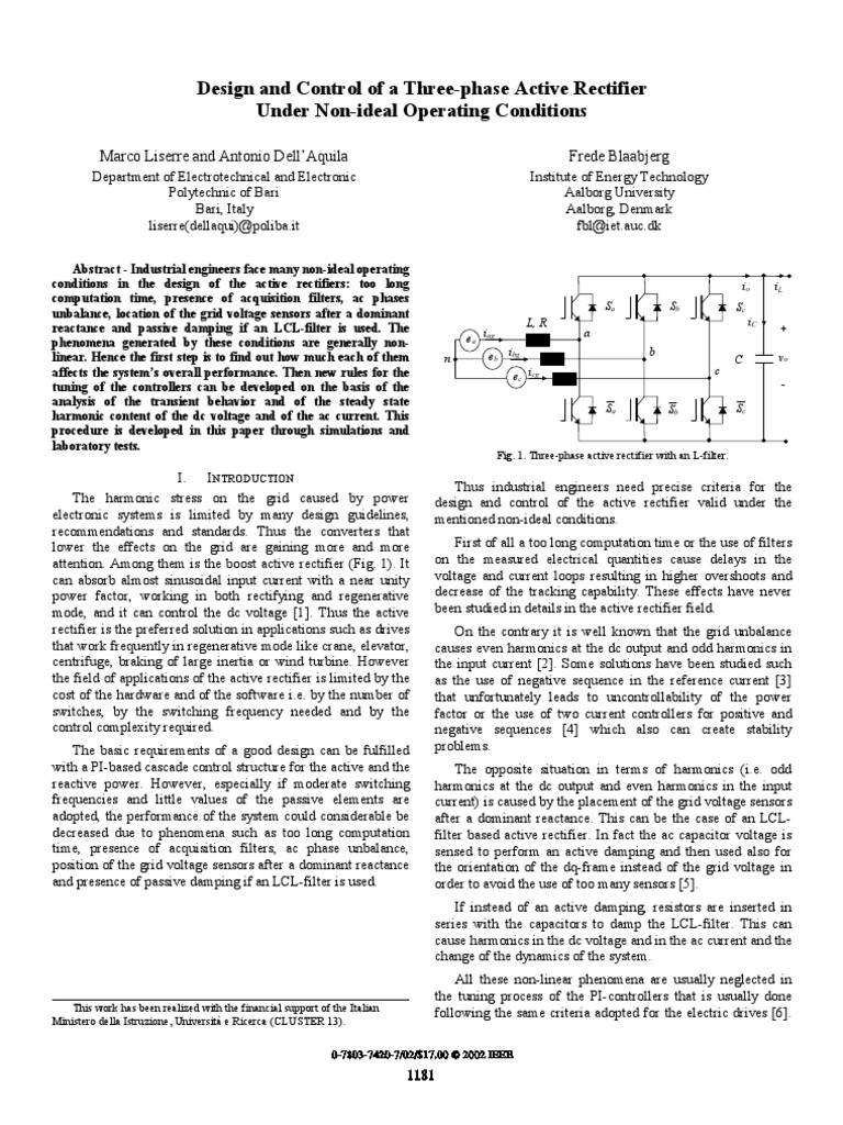 Design And Control Of A Three Phase Active Rectifier Under Non Ideal Operating Conditions