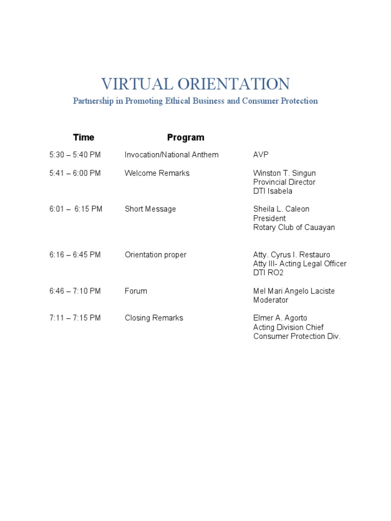 Virtual Orientation: Partnership in Promoting Ethical Business and ...
