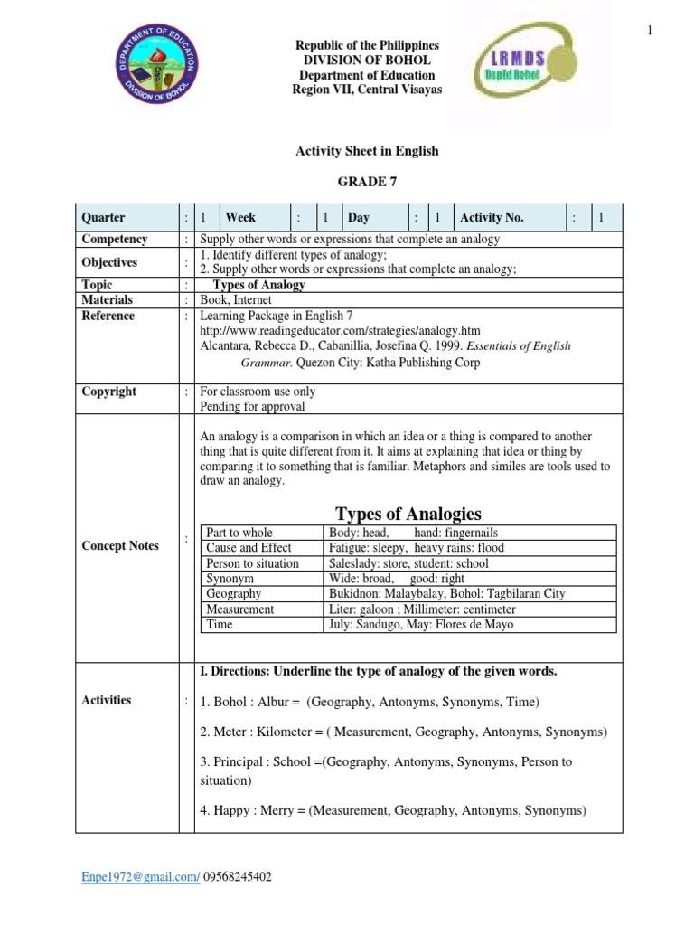 Types of Analogies: Activity Sheet in English Grade 7 | PDF | Analogy