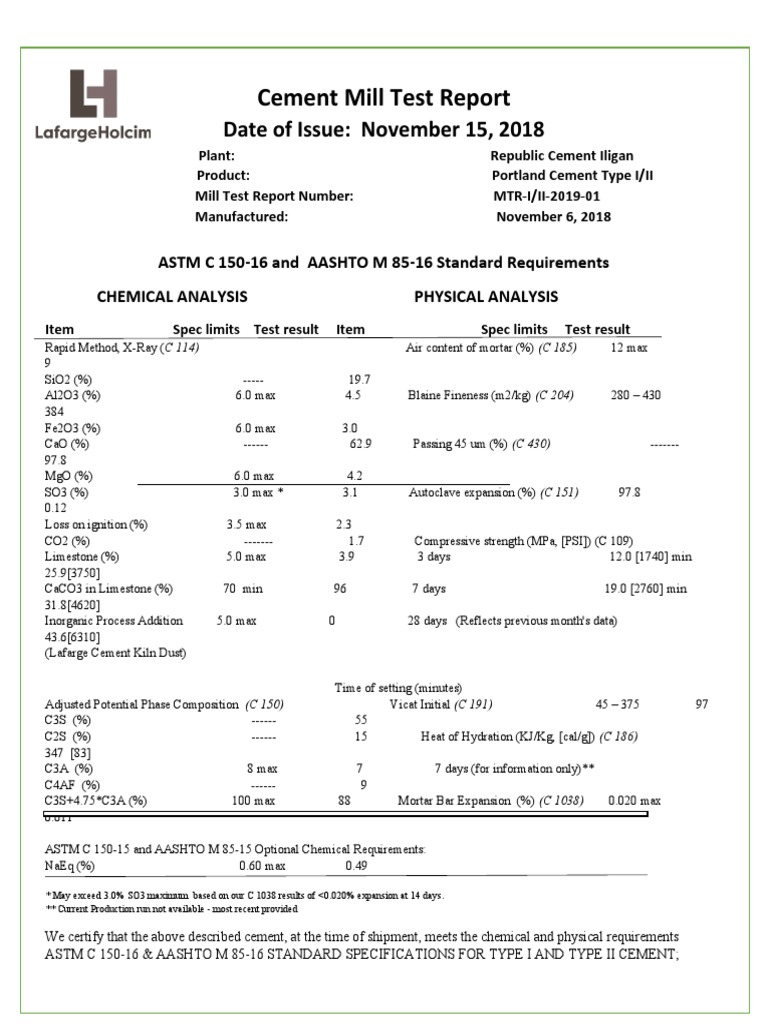 Cement Mill Test Report3 | PDF | Cement | Economic Sectors