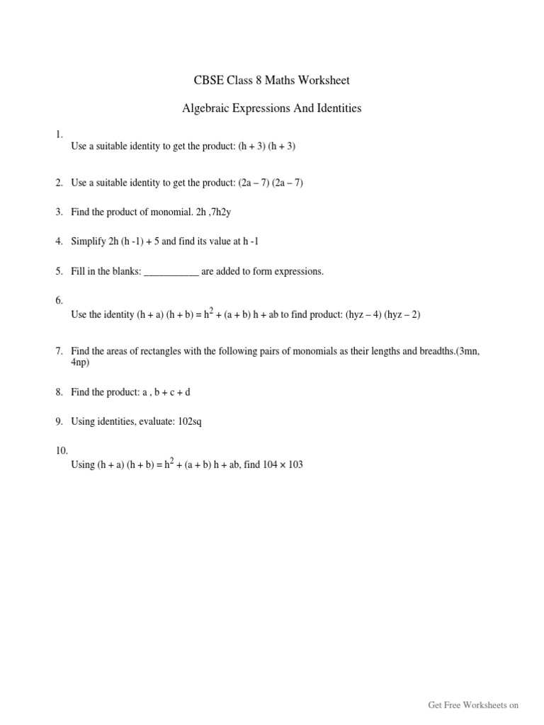 Algebraic Expressions and Identities CBSE Class 8 Worksheet | PDF
