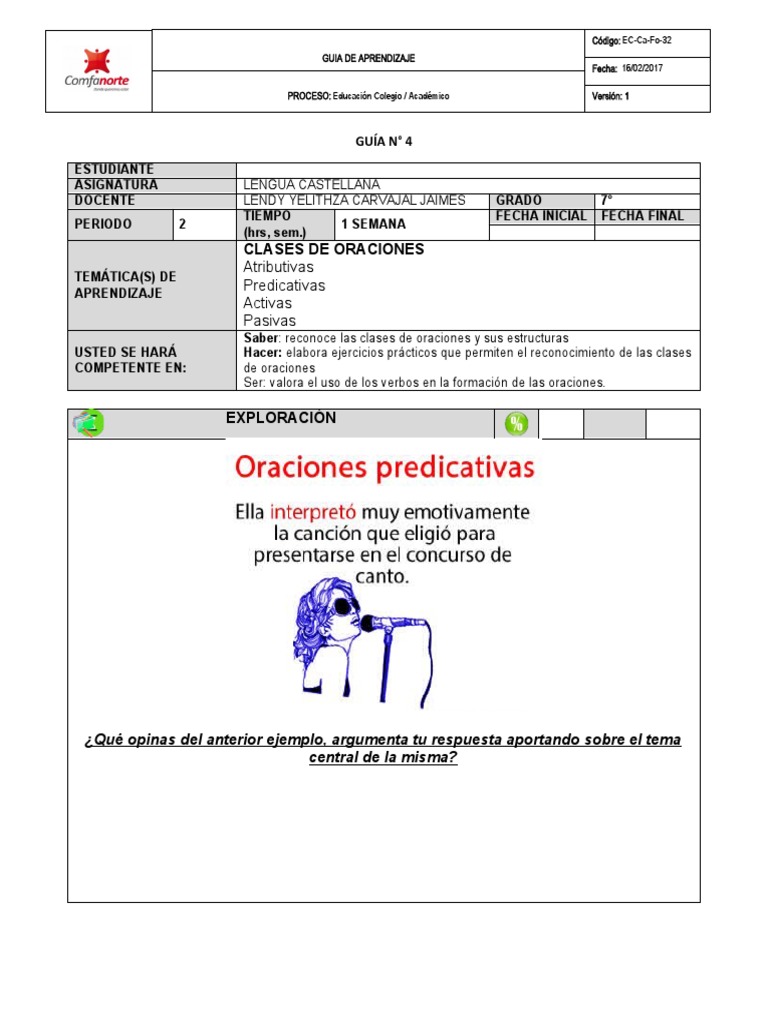 Clases de Oraciones en Lengua Castellana | PDF | Predicado (Gramática ...