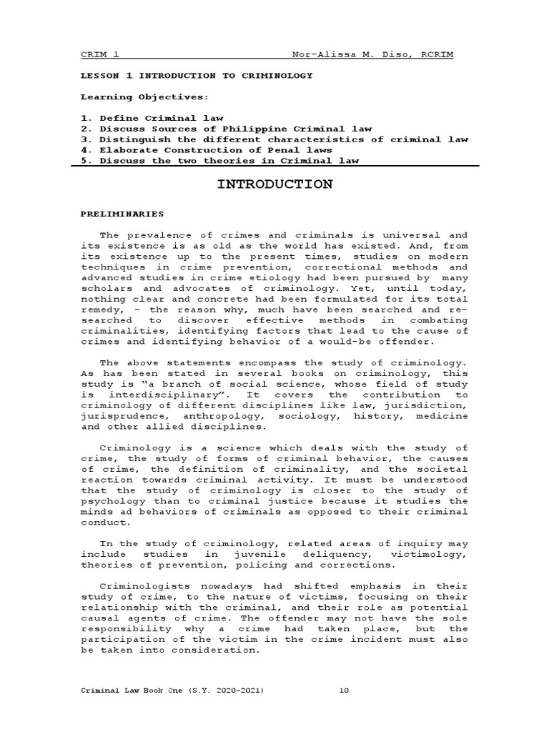 LESSON 1 CLJ 1 - INTRODUCTION TO CRIMINOLOGY | PDF | Criminology ...
