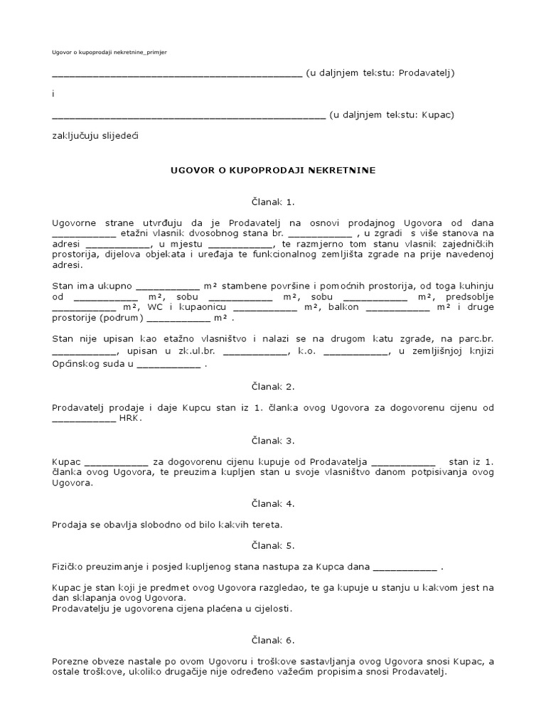 Primjer Ugovor o Kupoprodaji Nekretnine 53a03ae26ebf9 | PDF
