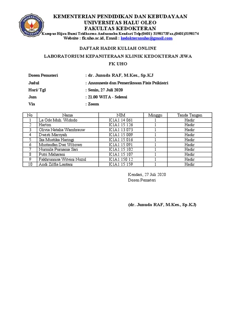ABSEN Bimbingan 27 Juli 2020 (Dr. Junuda RAF, M.Kes., SP - KJ) | PDF