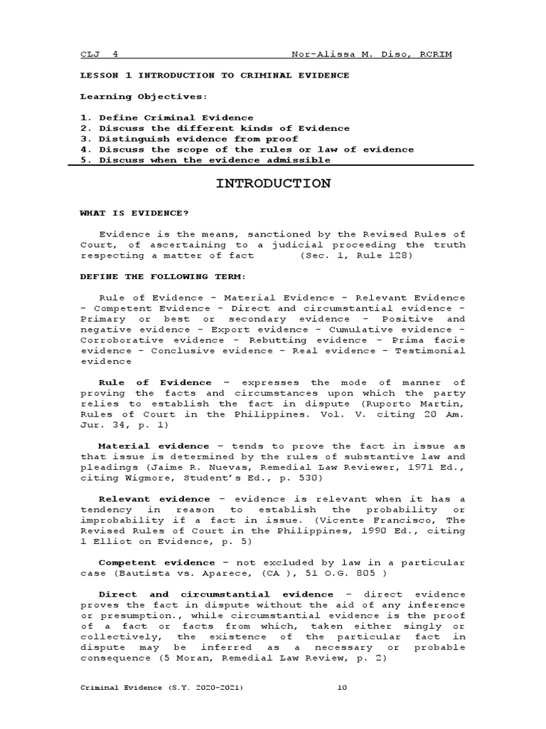 Lesson 1 Introduction To Criminal Evidence | PDF | Evidence (Law ...