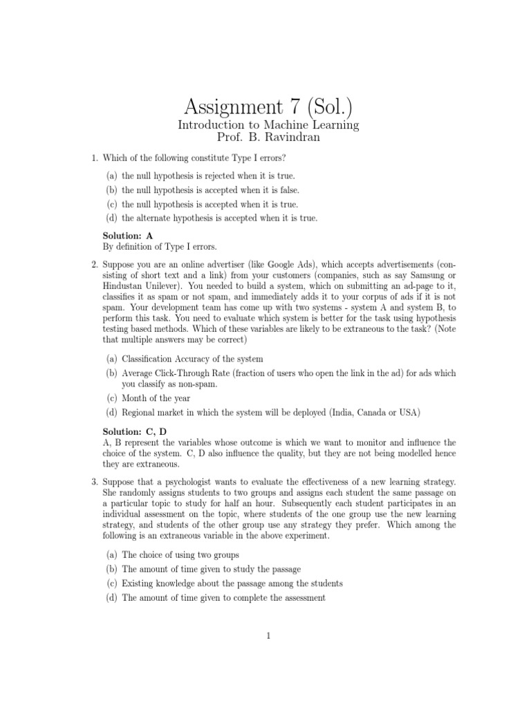 Assignment 7 (Sol.) : Introduction To Machine Learning Prof. B. Ravindran | PDF | Type I And ...