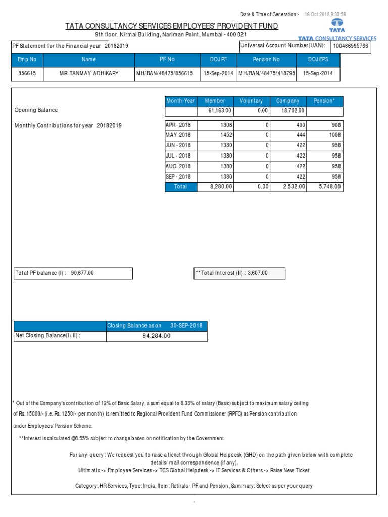 TCS employee PF statement for 2018-2019 | PDF | Pension | Employee Benefits