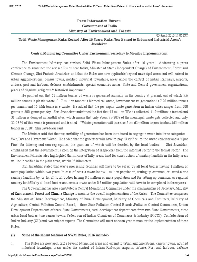 Revised Solid Waste Management Rules 2016 | PDF | Municipal Solid Waste ...