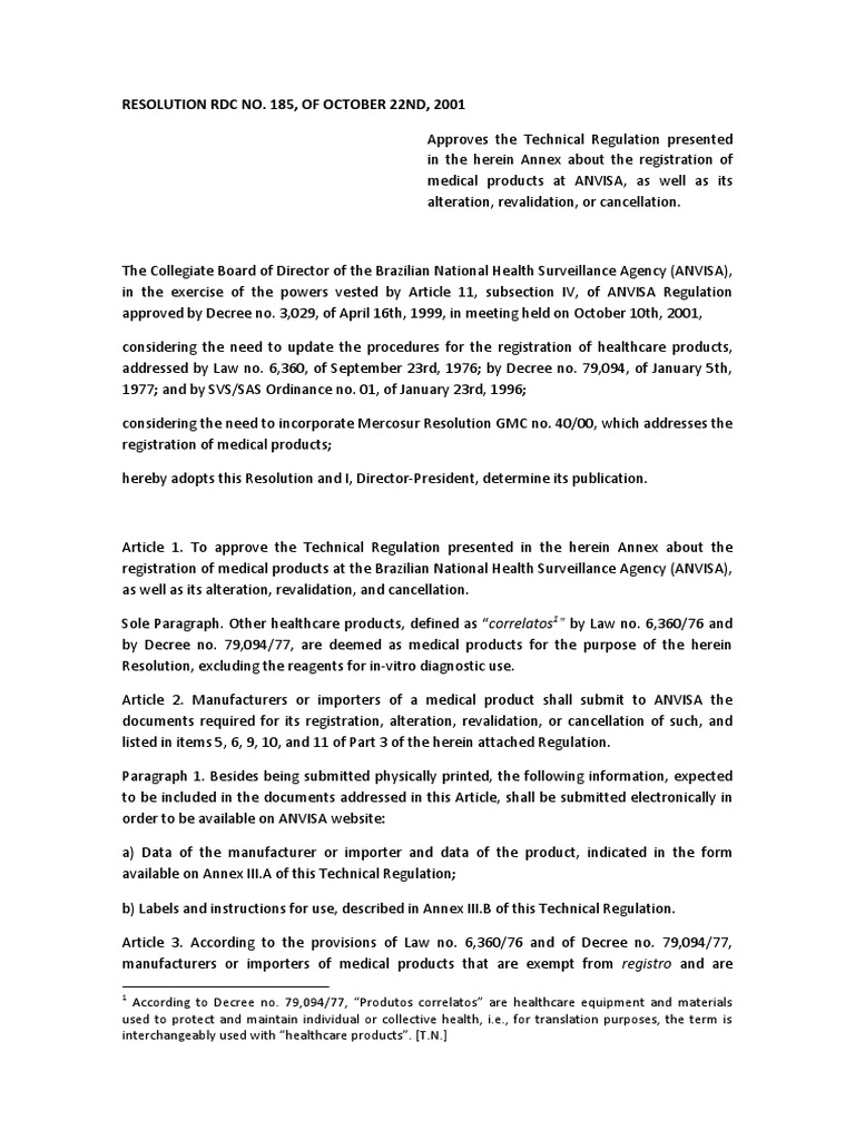 RDC 185 2001 Classification and Registration Requirements of Medical ...