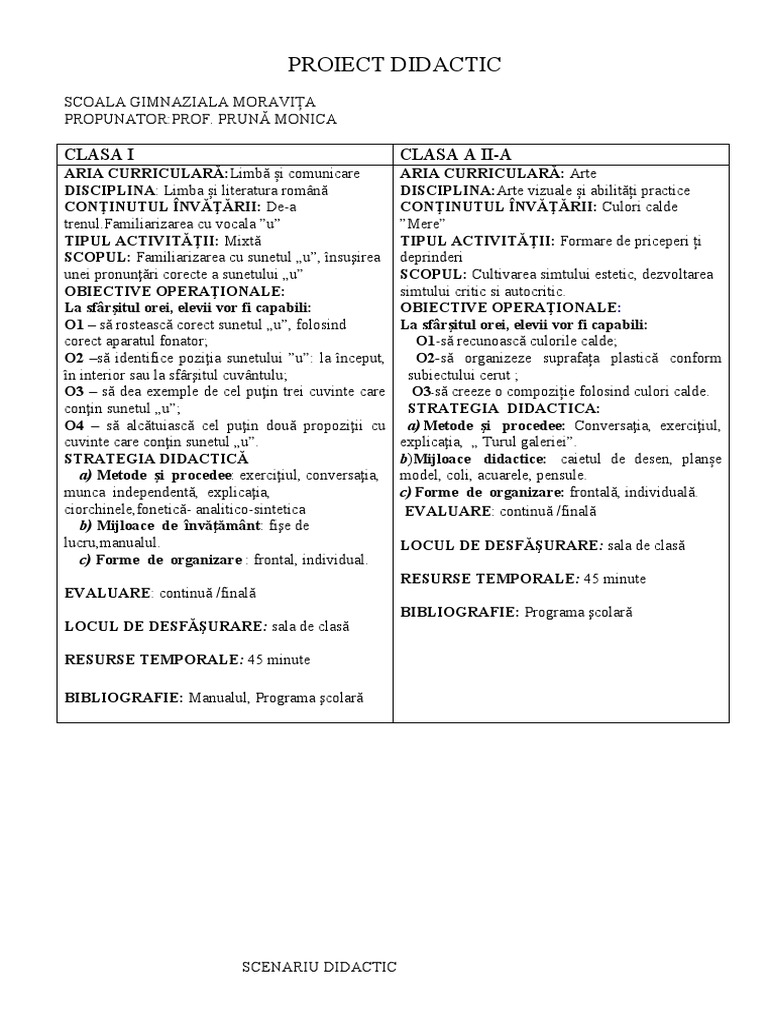 Proiect - Didactic - Simultan I - II | PDF