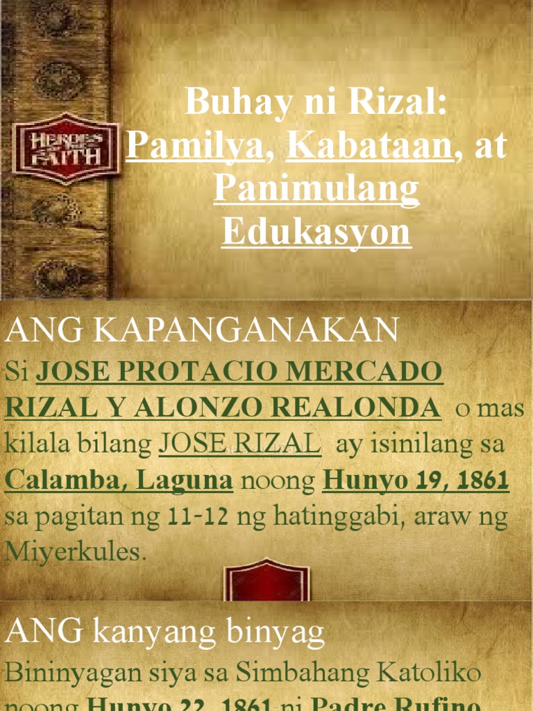 Buhay Ni Rizal Pamilya, Kabataan at Unang Edukasyon | PDF