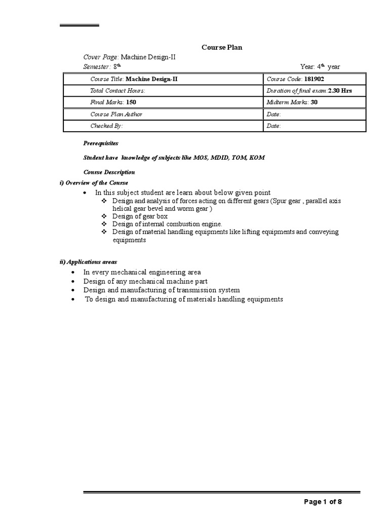 Cover Page: Machine Design-II Semester: 8: in This Subject Student Are ...