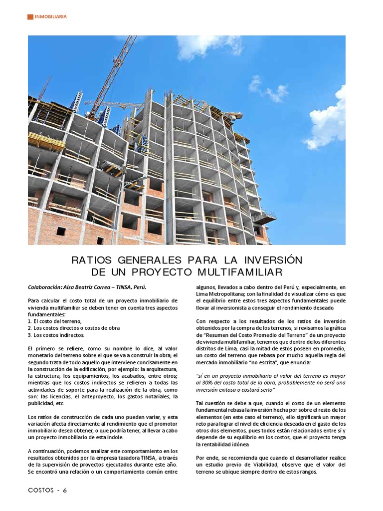 Ratios Generales para La Inversion de Un Proyecto Multifamiliar PDF | PDF | Lima | Inversiones