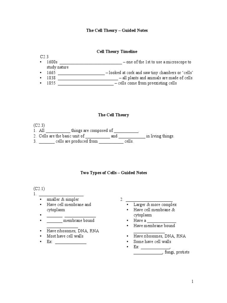 1 The Cell Theory Types of Cells Guided Notes p1 | PDF