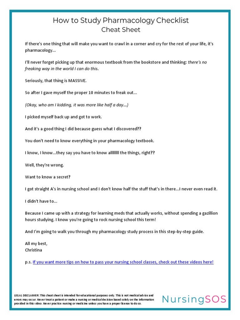 How To Study Pharmacology Checklist Cheat Sheet | PDF | Pharmacology ...