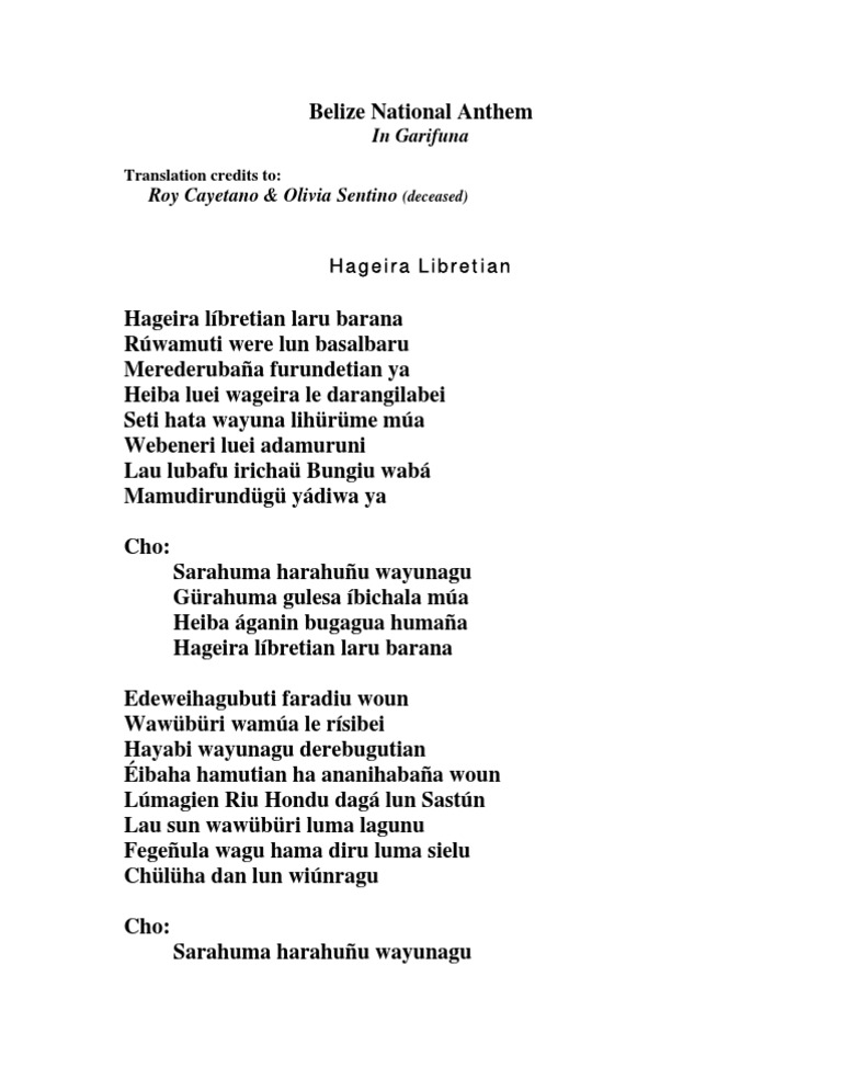 Belize National Anthem in Garifuna | PDF