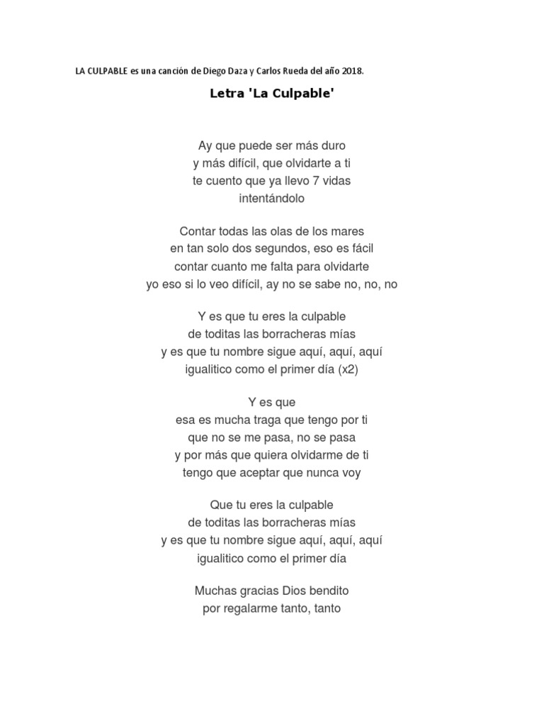 La Culpable: Letra de Diego Daza | PDF | Poesía