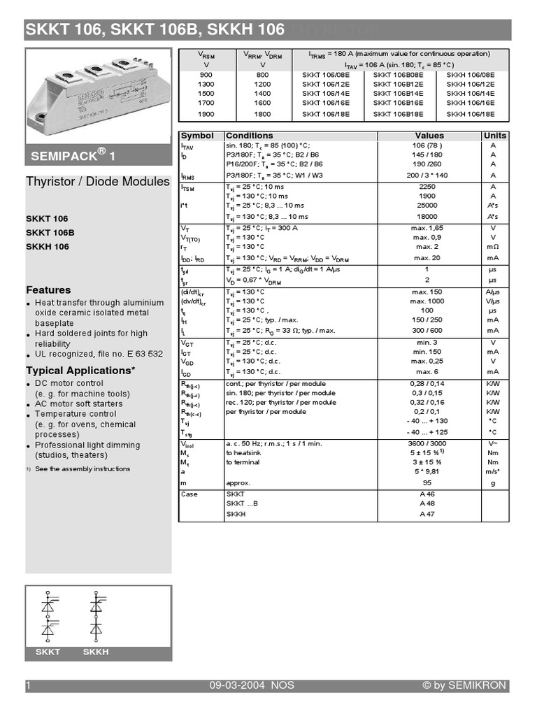 SKKT 106, SKKT 106B, SKKH 106: Thyristor | PDF | Equipment ...