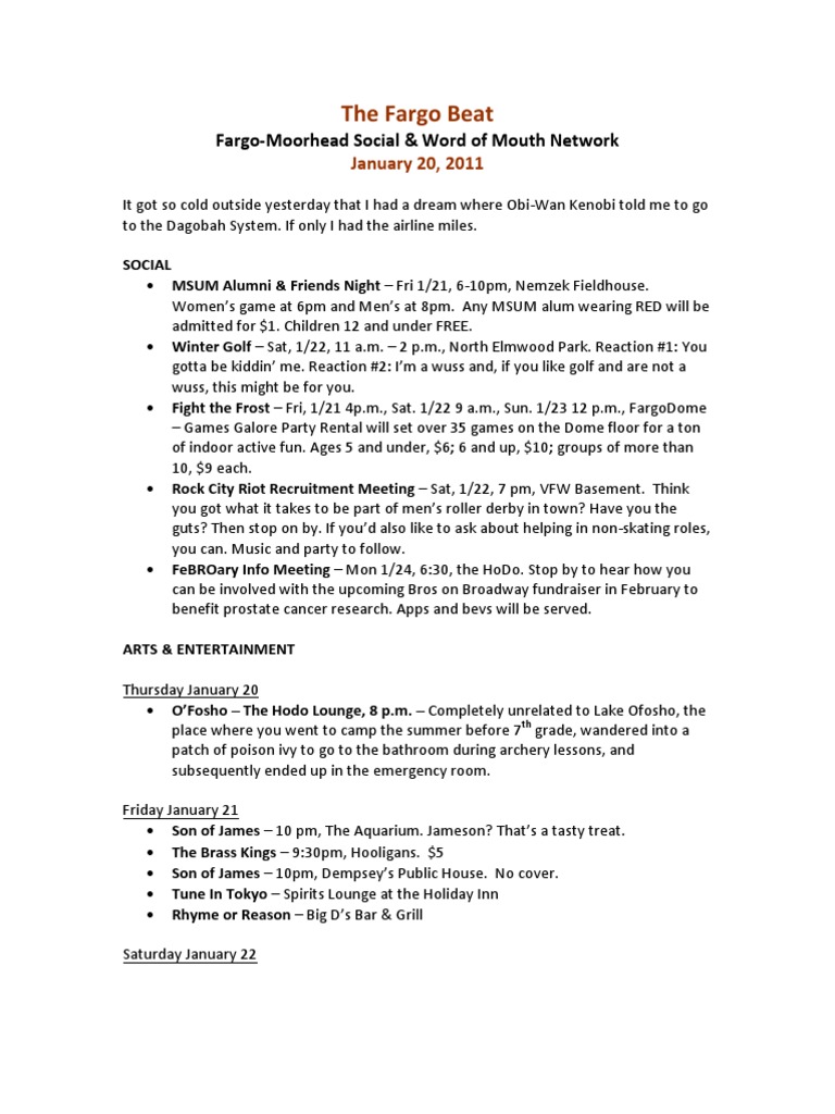 The Fargo Beat 1-20-11 | PDF | Leisure