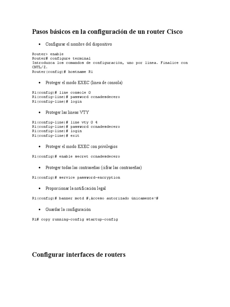 Configuración Básica de Router Cisco | PDF | Dirección IP | Protocolos ...