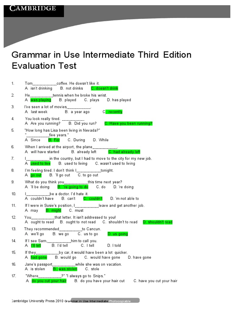 Grammar in Use Intermediate Third Edition Evaluation Test: Cambridge ...
