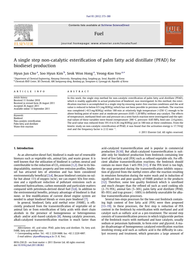 A Single Step Non-Catalytic Esterification of Palm Fatty Acid ...