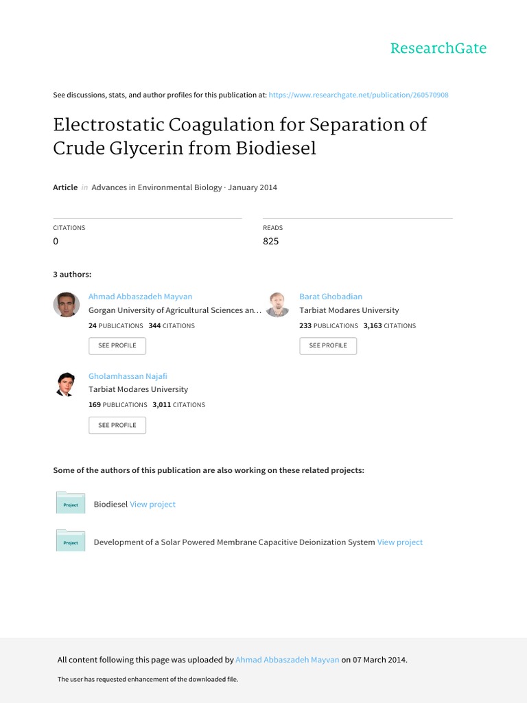 Electrostatic Coagulation For Separation of Crude Glycerin From ...