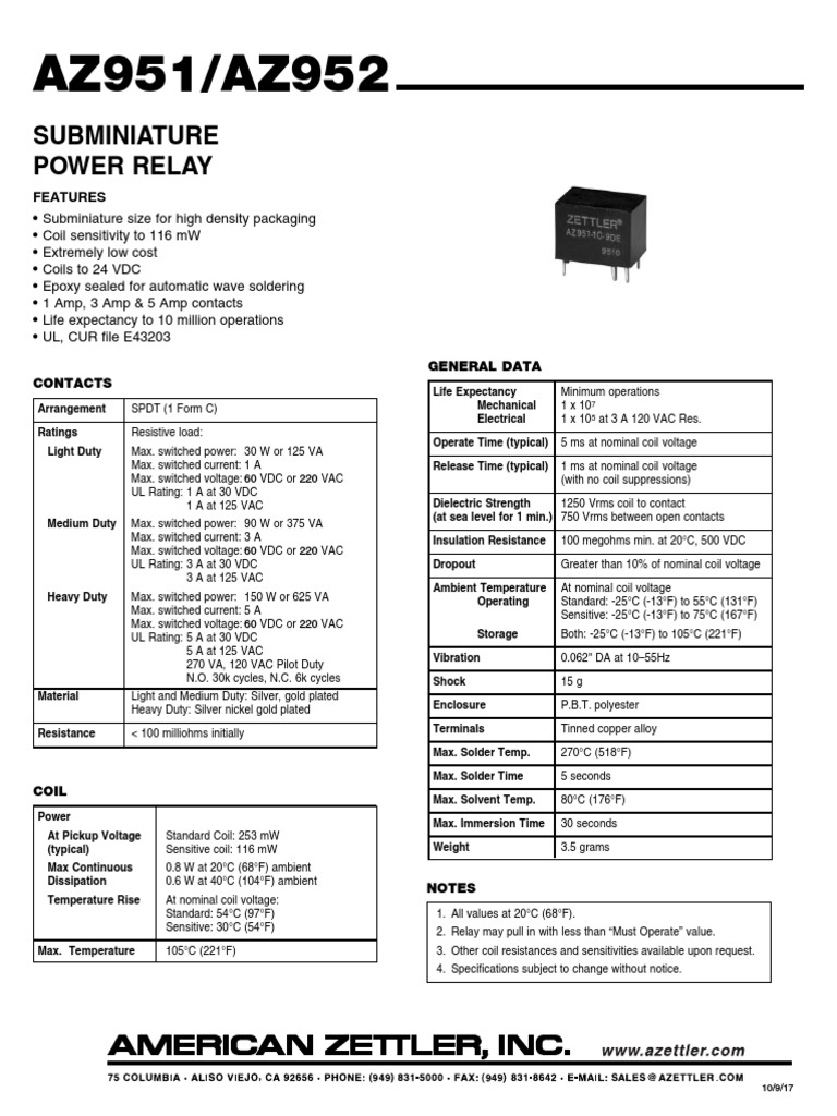 AZ951/AZ952: Subminiature Power Relay | PDF | Relay | Inductor