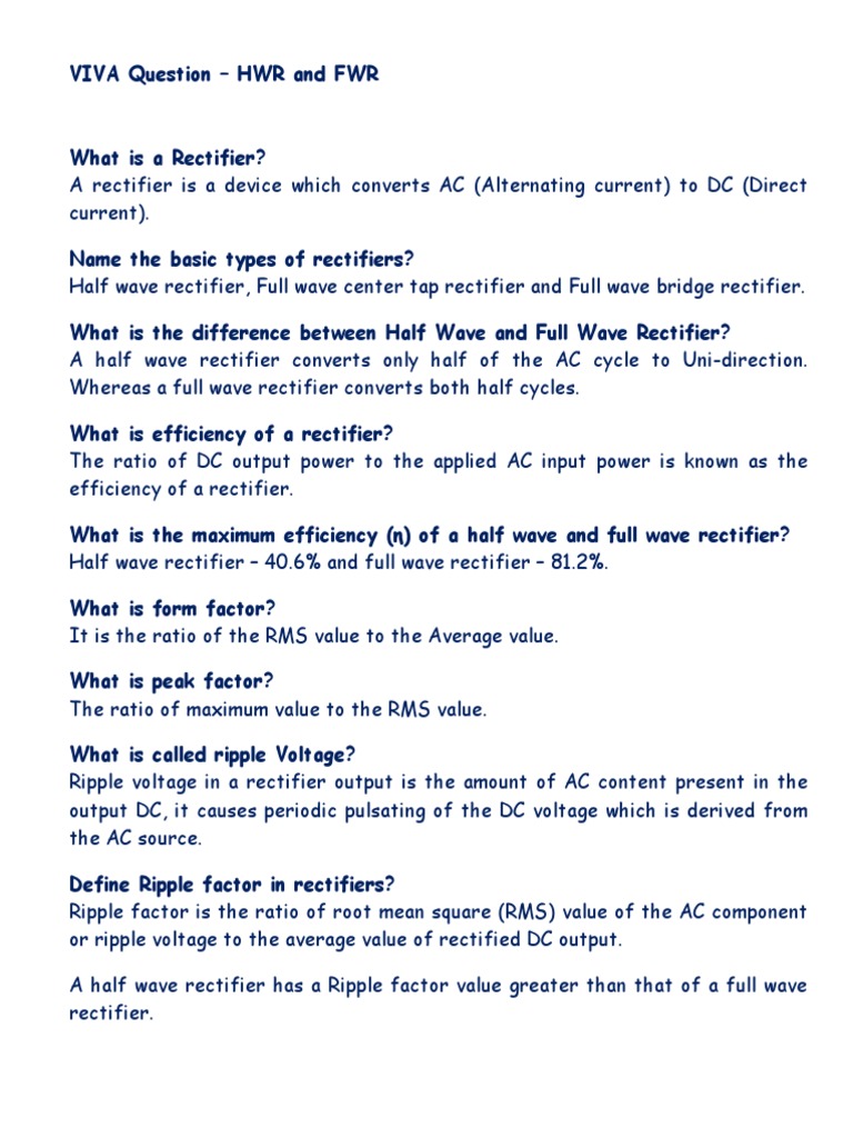VIVA Question-Rectifier | PDF | Rectifier | Direct Current
