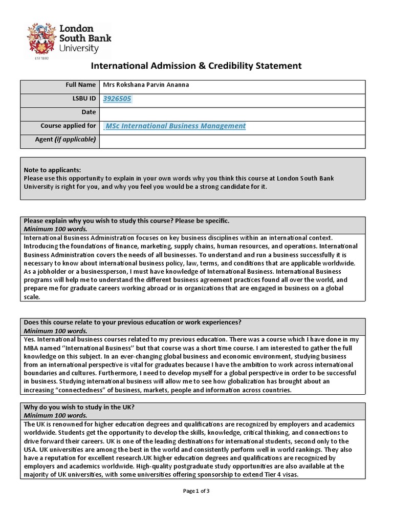 International Admission & Credibility Statement: Minimum 100 Words ...