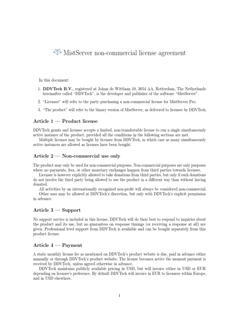 Mistserver Non-Commercial License Agreement | PDF | License | Damages