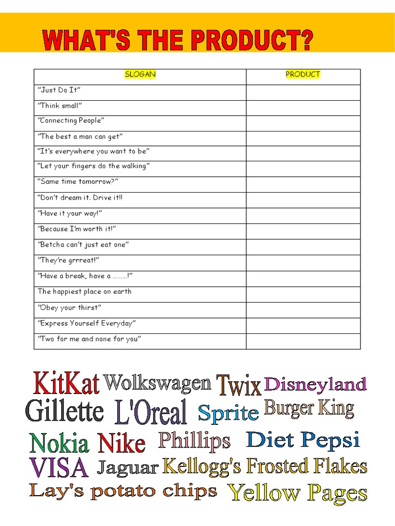 Match Slogans and Products Fun Activities Games Reading Comprehension ...