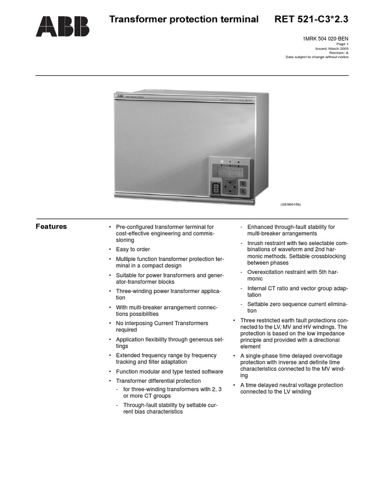 RET 521-C3 Transformer Protection Terminal | PDF | Logic Gate | Transformer