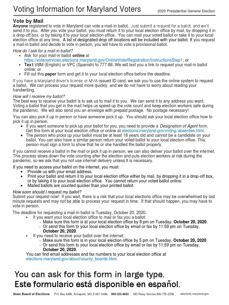 Maryland 2020 Election Ballot Request | PDF | Postal Voting | Elections