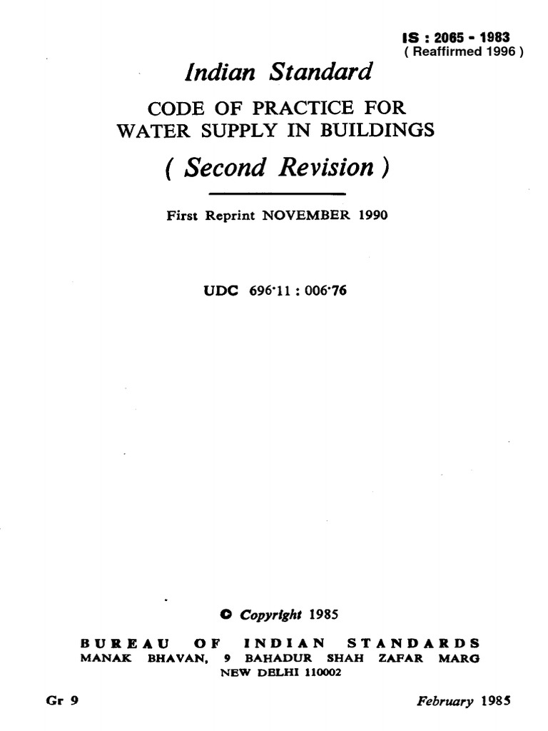 Indian Standard: Code of Practice For Water Supply in Buildings | PDF ...