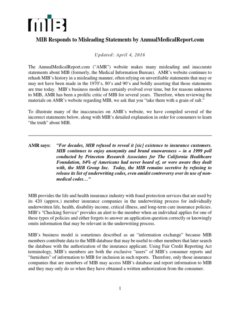 Mib Responds Annualmedicalreport | PDF | Insurance | Credit History