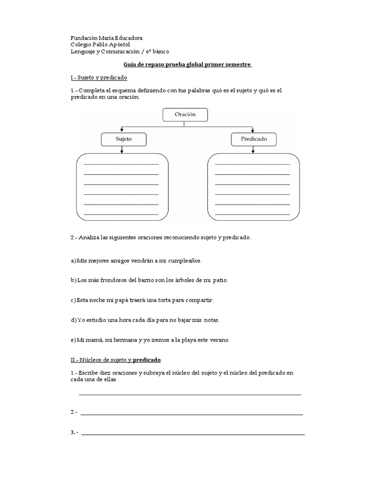 Prueba Sujeto y Predicado 6 Basico | PDF | Idiomas | Alimentos