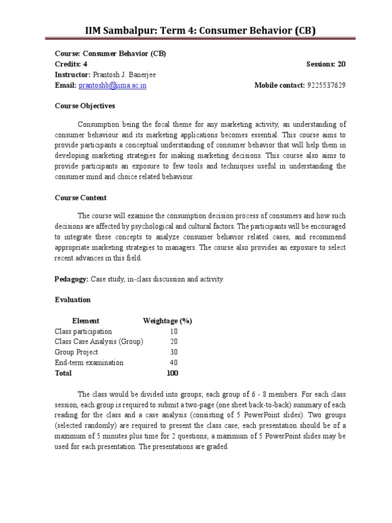 Updated IIMSBP Term4 Consumer Behavior Course Outline Prantosh - B ...