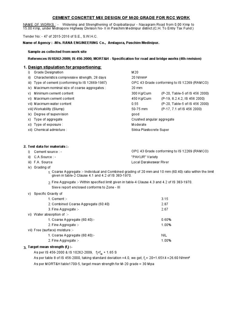 Cement Concrtet Mix Design of M-20 Grade For RCC Work | PDF | Ratio ...