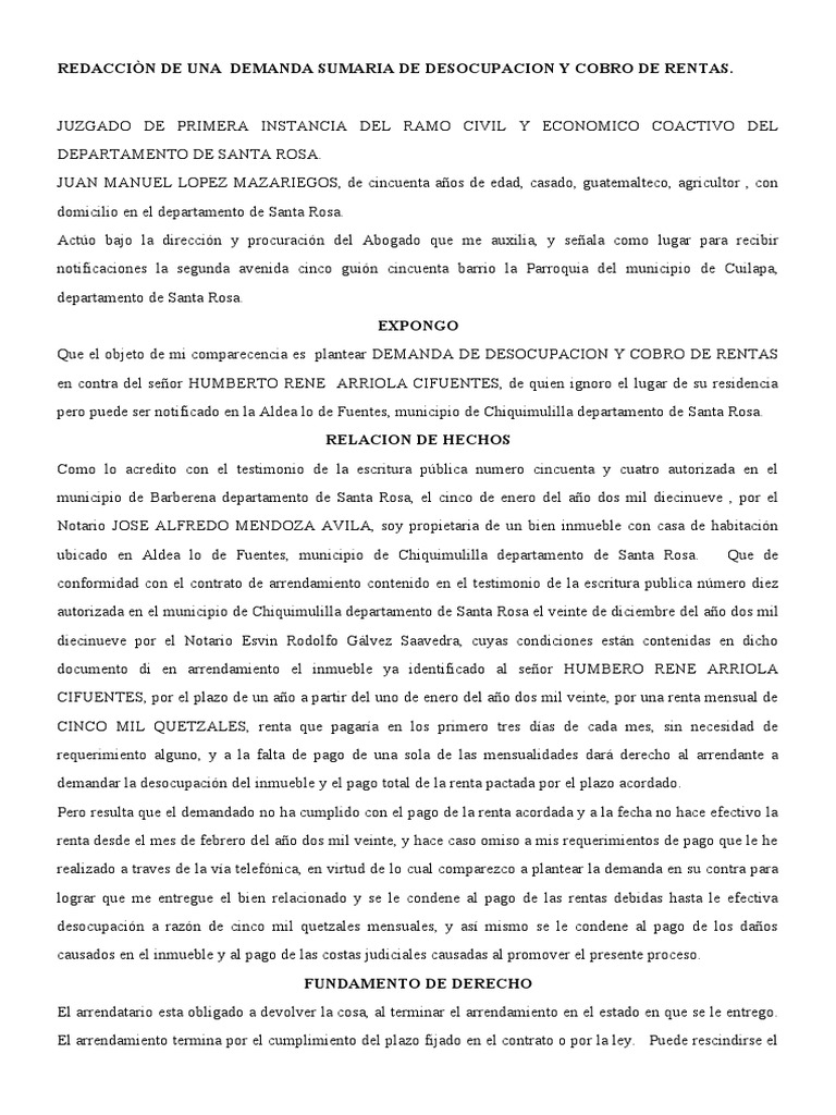 Ejemplo de REDACCIÓN DE UNA DEMANDA | Descargar gratis PDF | Alquiler ...