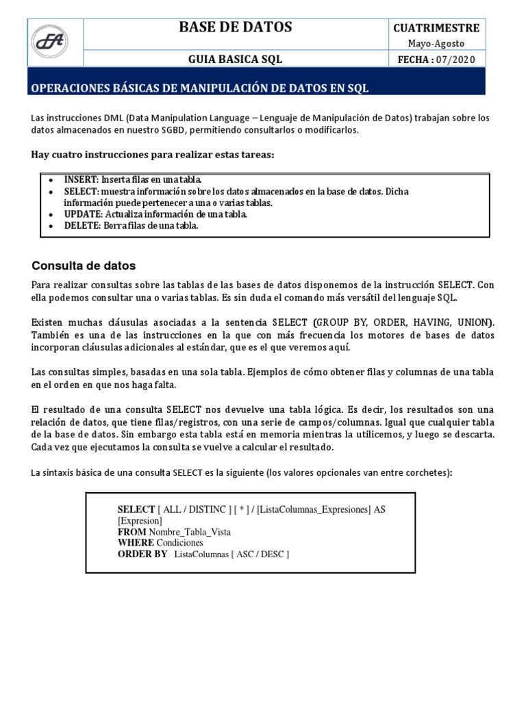 Guia SQL | PDF | SQL | Gestión de tecnología de la información