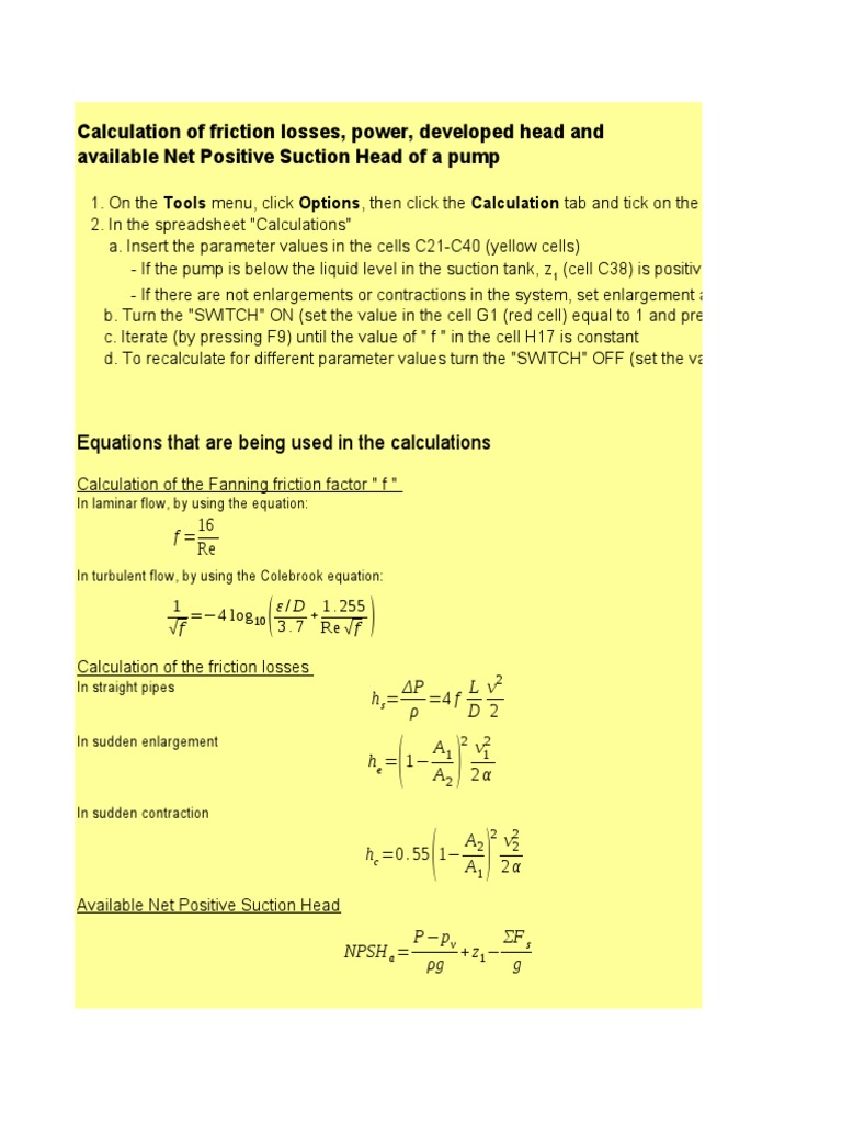 Calculation of Friction Losses, Power, Developed Head and Available Net ...