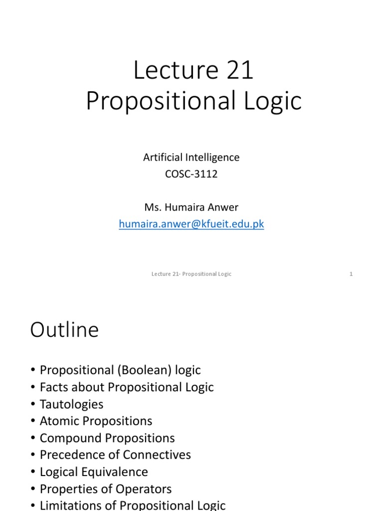 Propositional Logic: Artificial Intelligence COSC-3112 Ms. Humaira ...