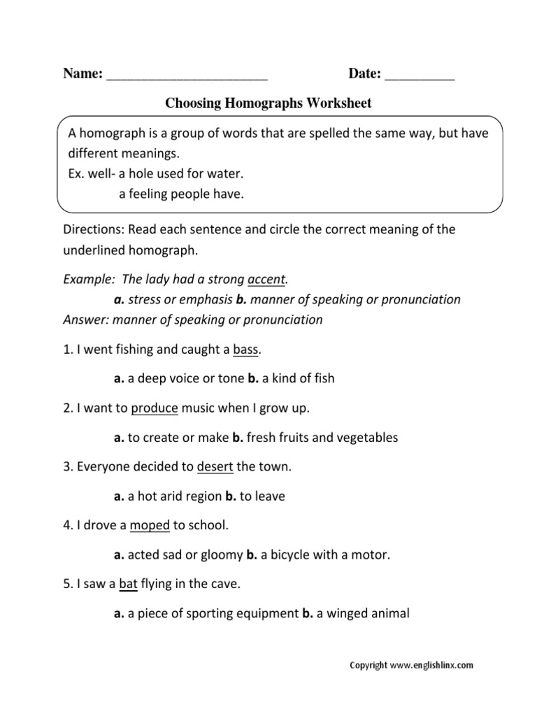 Choosing Homographs Worksheet | PDF
