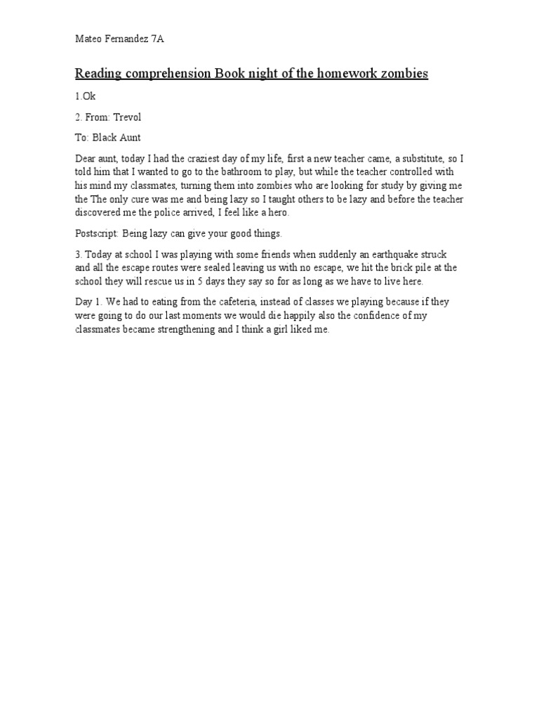 Reading Comprehension Book Night of The Homework Zombies | PDF
