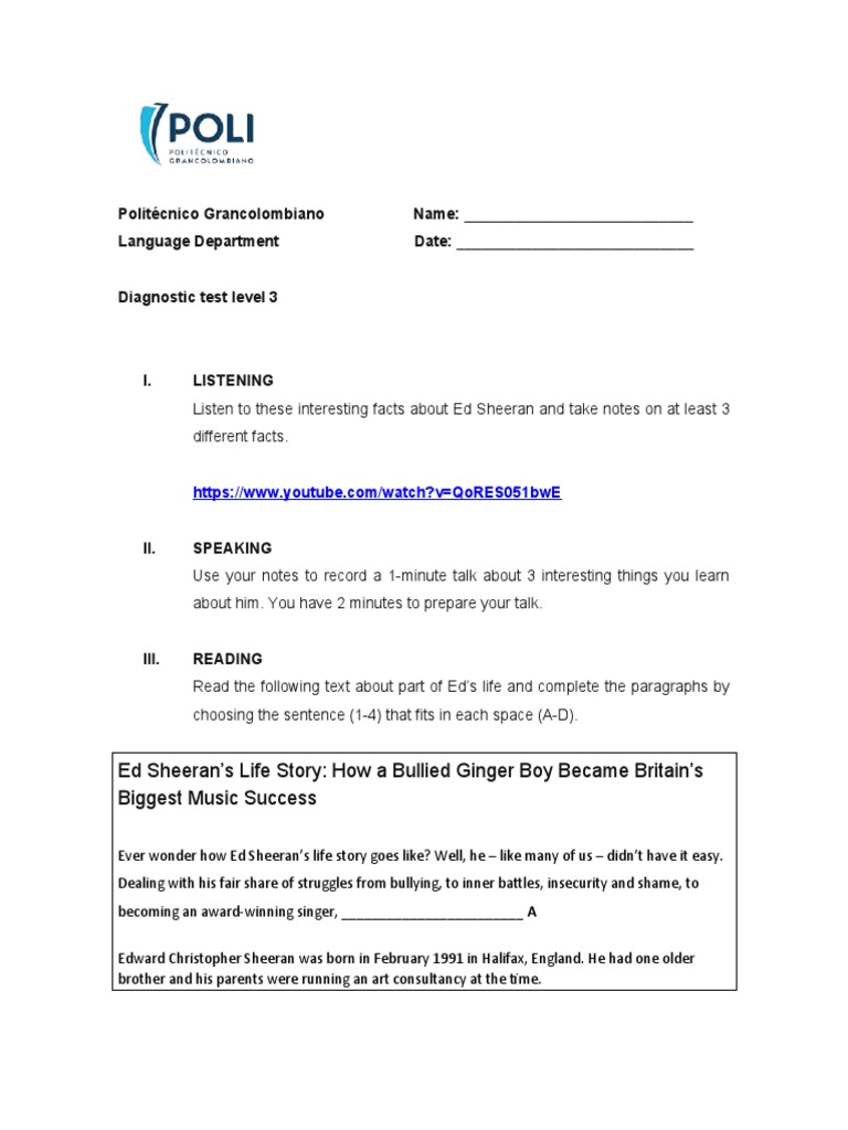 Diagnóstico Nivel 3 Ingles Poli | PDF | Entertainment (General)