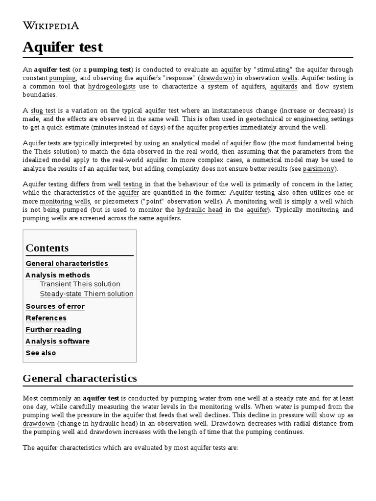 Aquifer Test: General Characteristics Analysis Methods | PDF ...